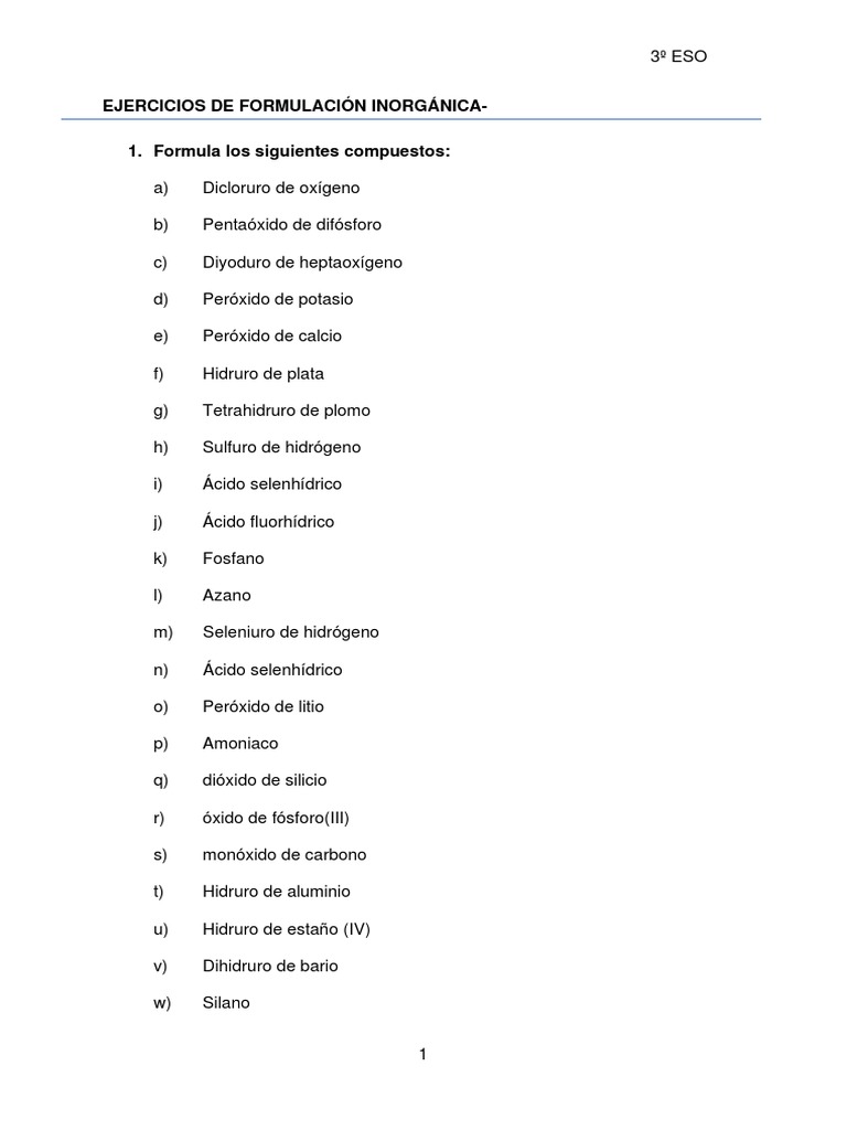Ejercicios de Formulación Inorgánica | PDF