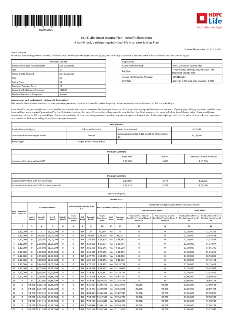 HDFC Life Smart Income Plan - Benefit Illustration | PDF | Insurance ...