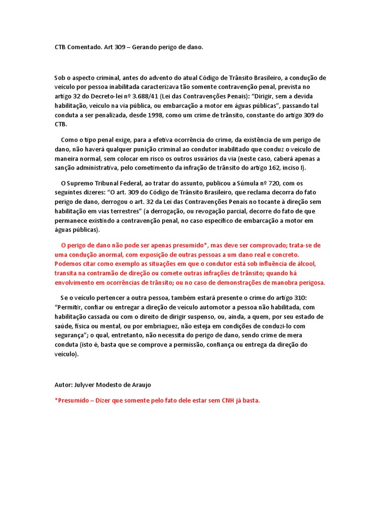 Artigo 309 do CTB: Perigo de Dano | PDF