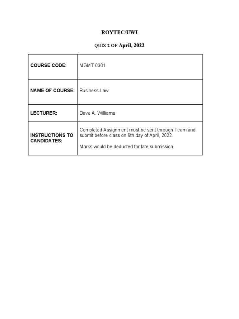 BUSINESS LAW QUESTIONS - Quiz 2 | PDF | Law Of Agency | Legal Liability