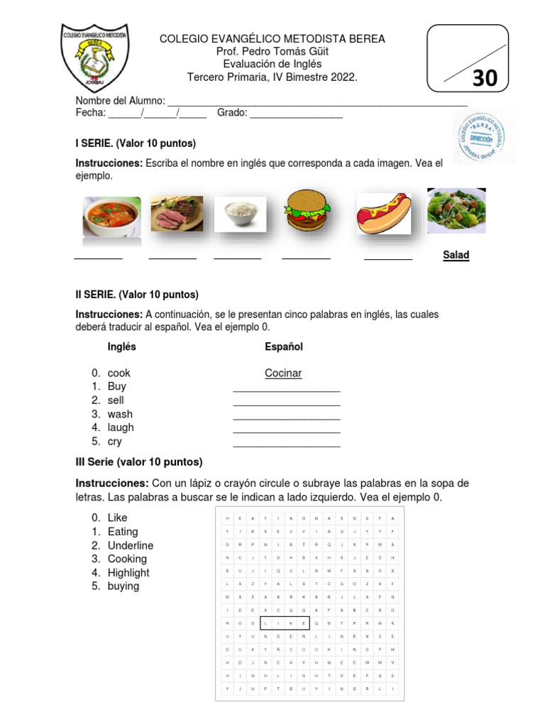 Evaluación de Inglés. Tercero Primaria | PDF