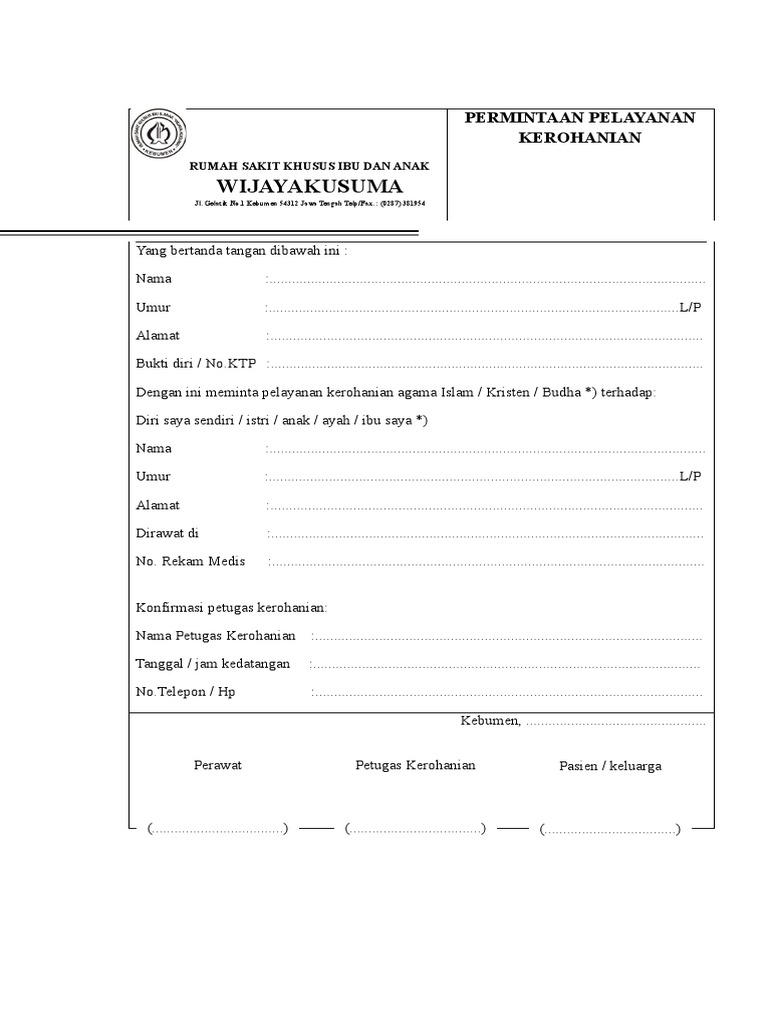 Permintaan Pelayanan Kerohanian RS Ibu dan Anak | PDF