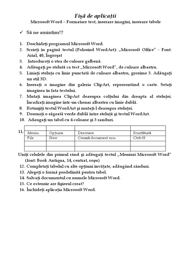 Fisa de Aplicatii Microsoft Word | PDF