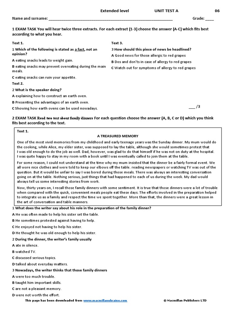 Extended Level Unit Test 6A | PDF | Tableware | Meal