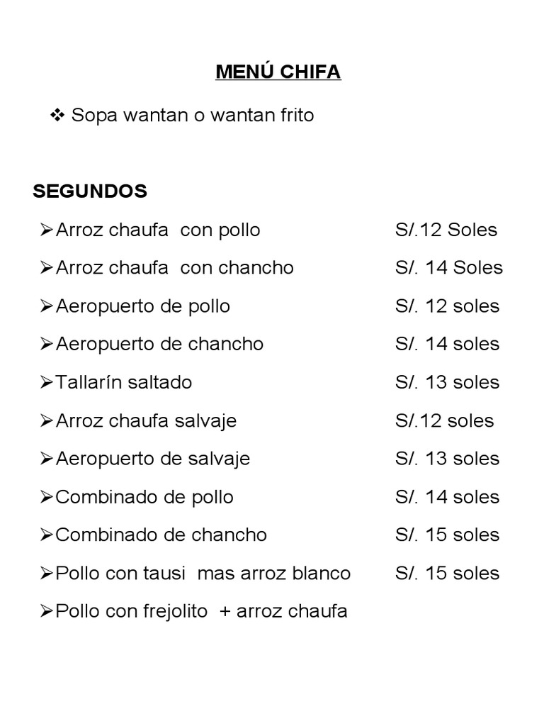 Menú Chifa | PDF | Comida regional y étnica | Cocina asiática