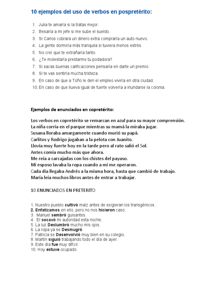 10 Ejemplos Del Uso de Verbos en Pospretérito Copreterito Preterito | PDF