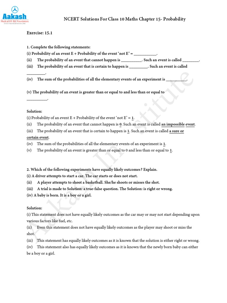 NCERT Sol Math Chap 15 - 0 Probability | PDF | Odds | Probability