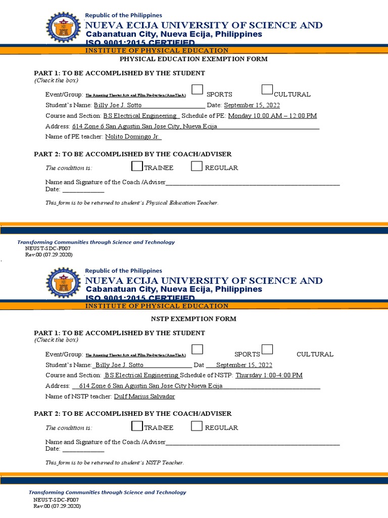 Neust SDC f007 Physical Education Exemption Form | PDF | Engineering ...