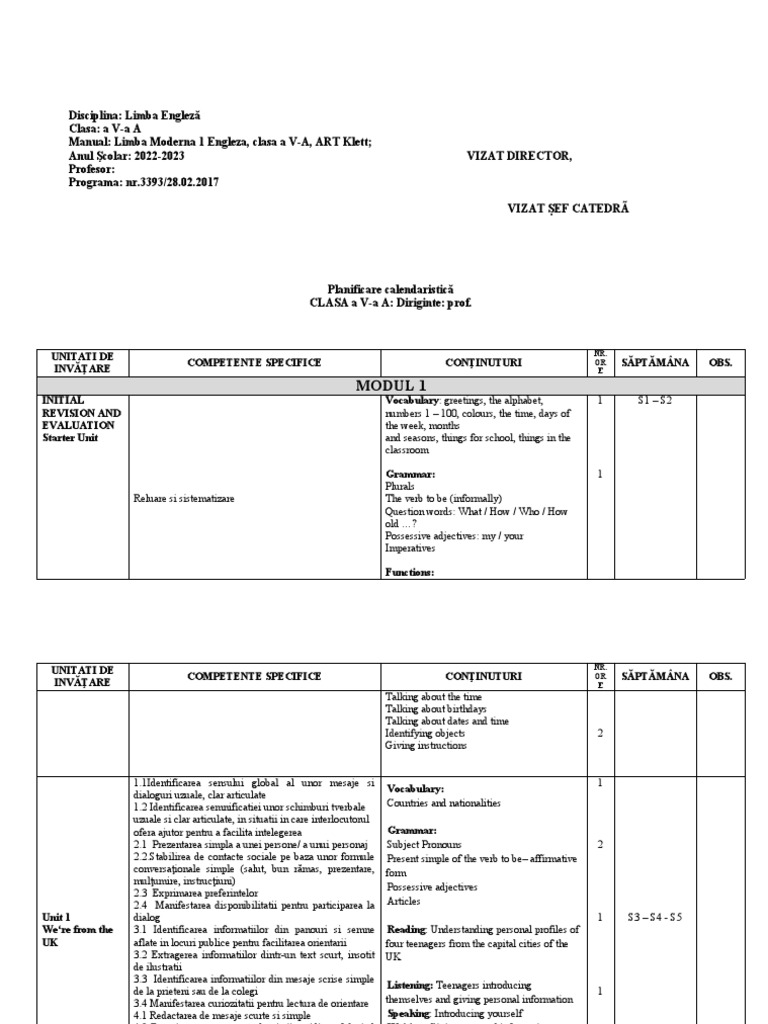 PLANIFICARE - MODULE Engleza A V A Art | PDF