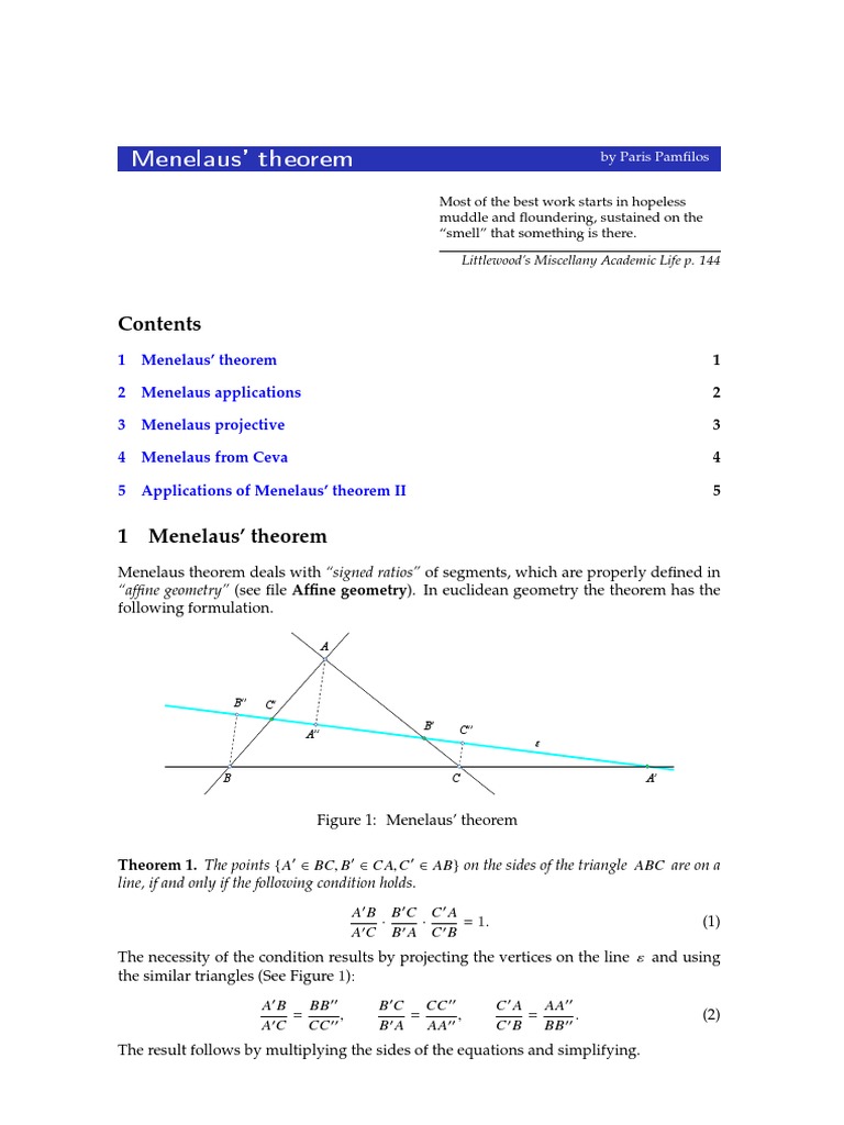 Menelaus' Theorem and Applications | PDF | Teaching Methods & Materials