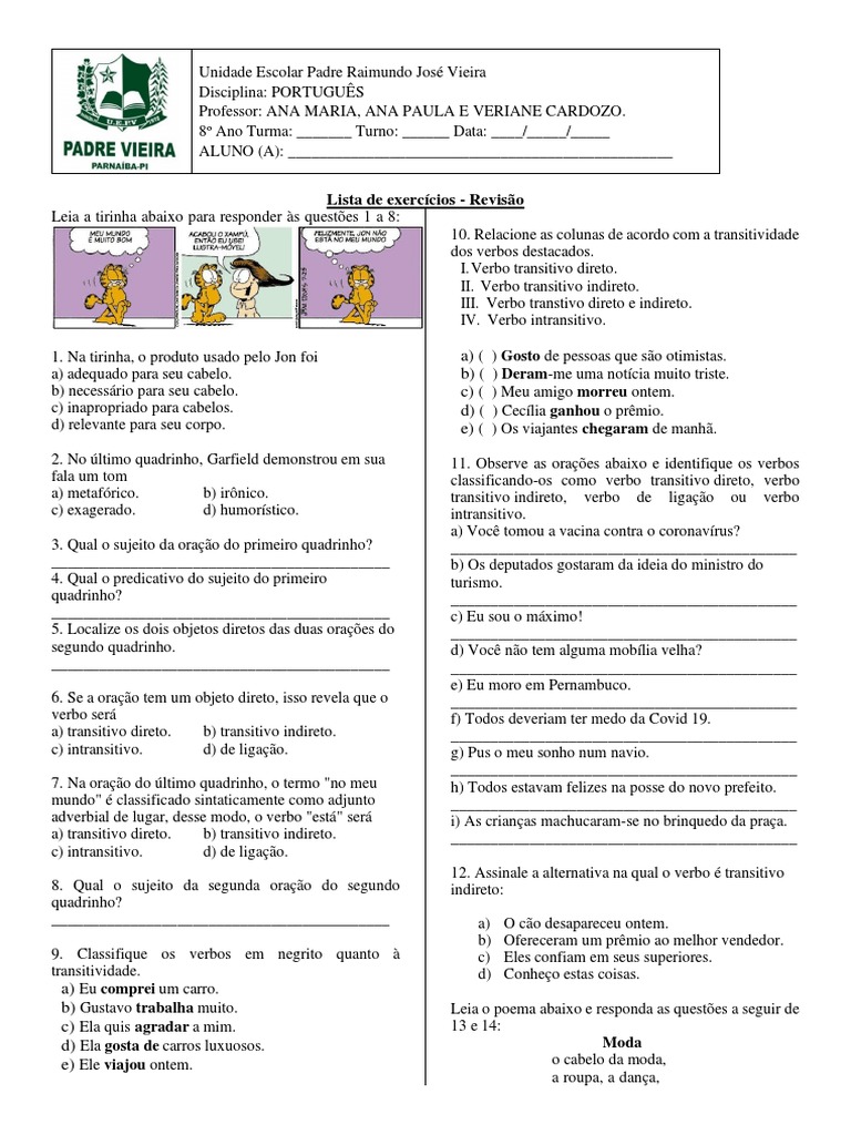 Lista de exercícios de revisão sobre transitividade verbal, complementos nominais e predicados ...