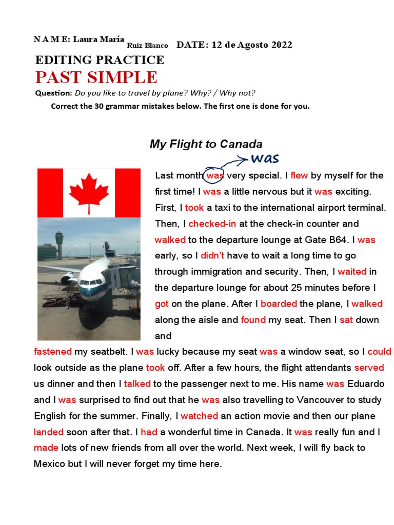 Past Simple Exercise My Flight To Canada | PDF