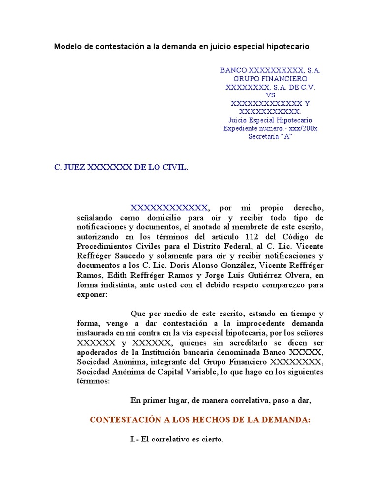 Modelo de Contestación A La Demanda en Juicio Sumario Civil Especial ...