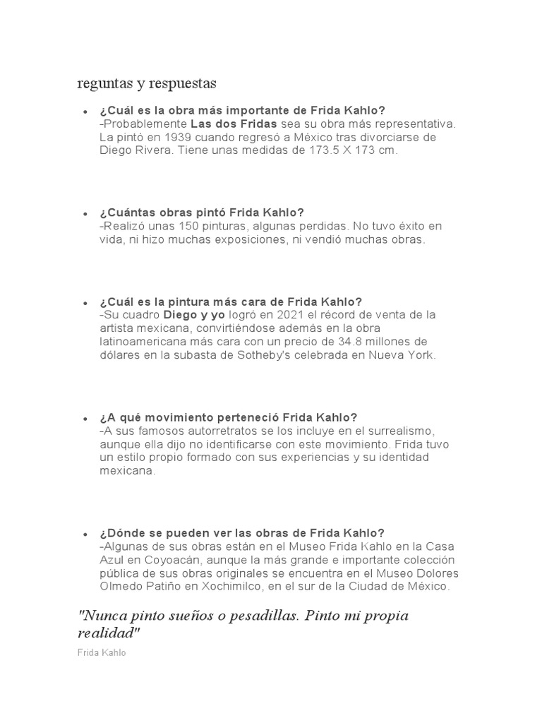 Preguntas y respuestas sobre Frida Kahlo | PDF | Las artes