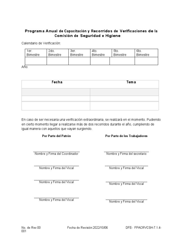 Formato Programa Anual de Capacitación y Recorridos de Verificaciones de La Comisión de ...