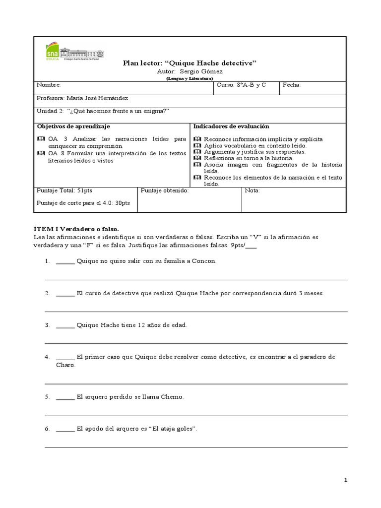 Evaluación de "Quique Hache detective" | PDF
