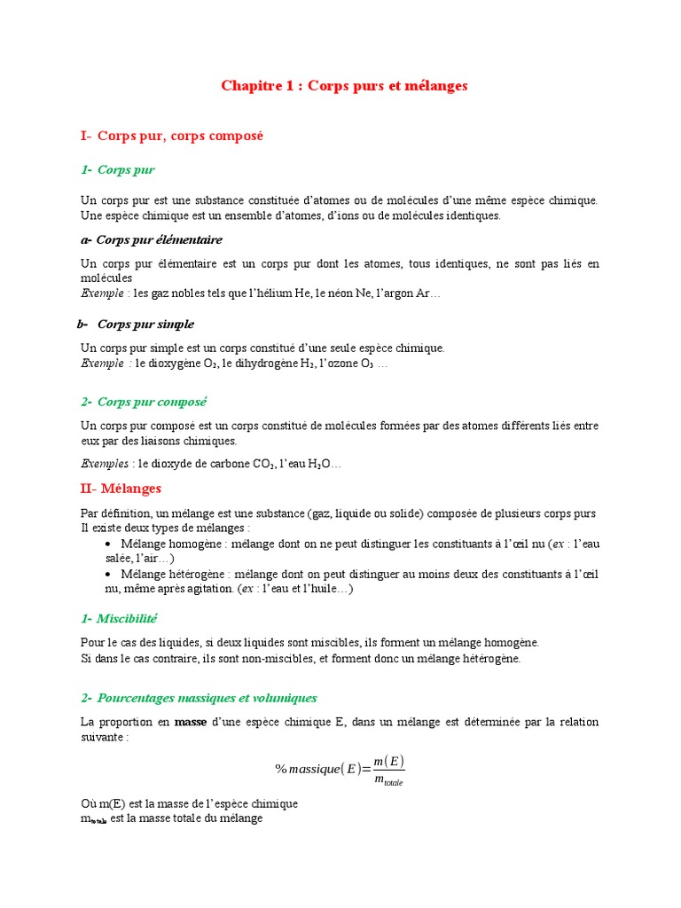 Chapitre 1 Corps Purs Et Mélanges | PDF
