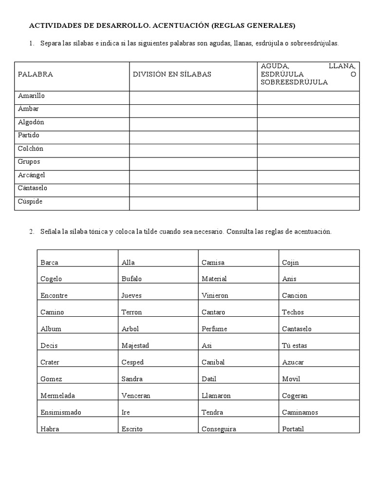ACTIVIDADES ACENTUACIÓN TILDE Reglas Generales Diptongos Hiatos 3º ...