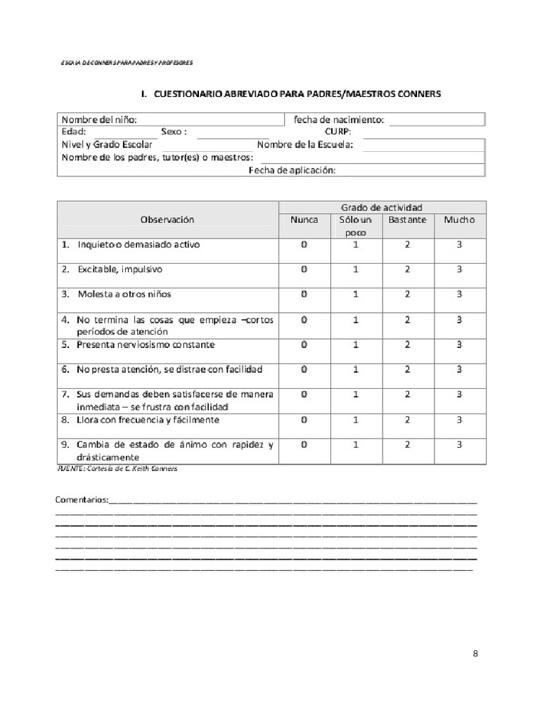 Escalas de Conners Formatos | PDF