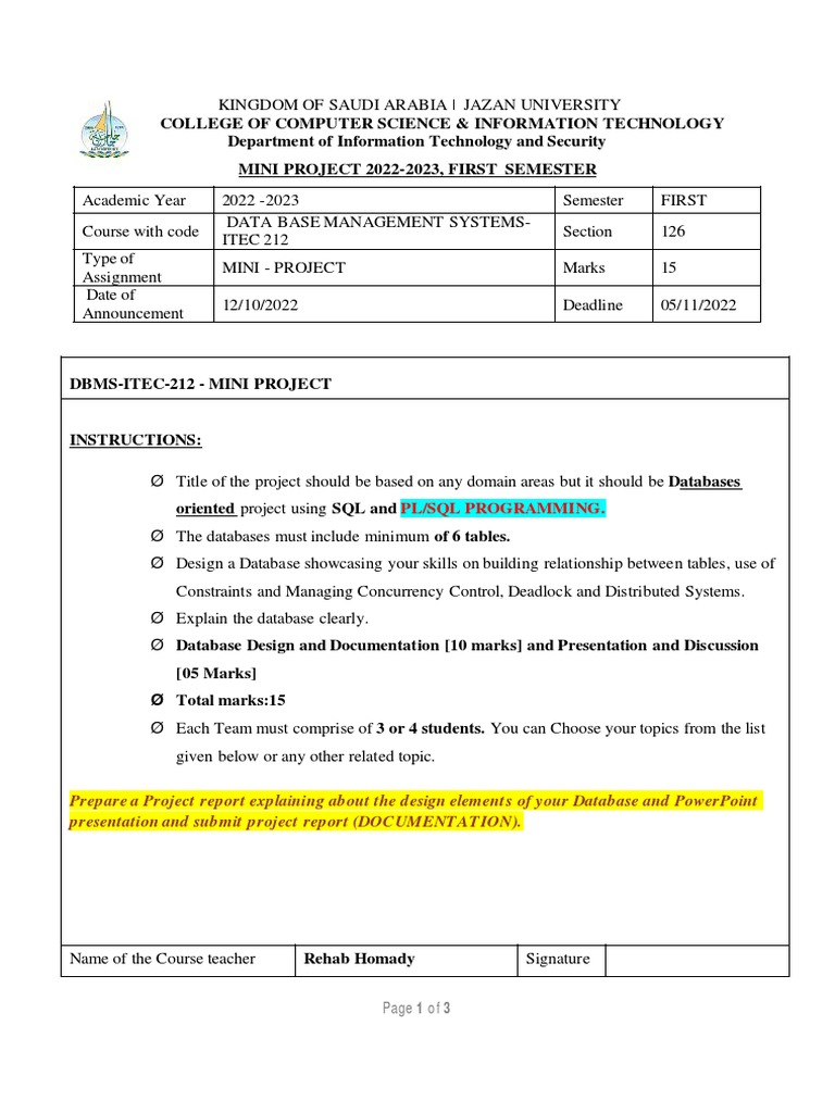 ITEC 212-DBMS - Mini Projectlist Guideline and Assessment | PDF ...