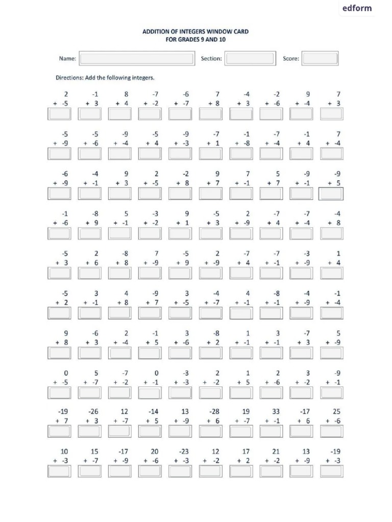 Addition of Integers Window Card For Grades 9 and 10 - Edform | PDF