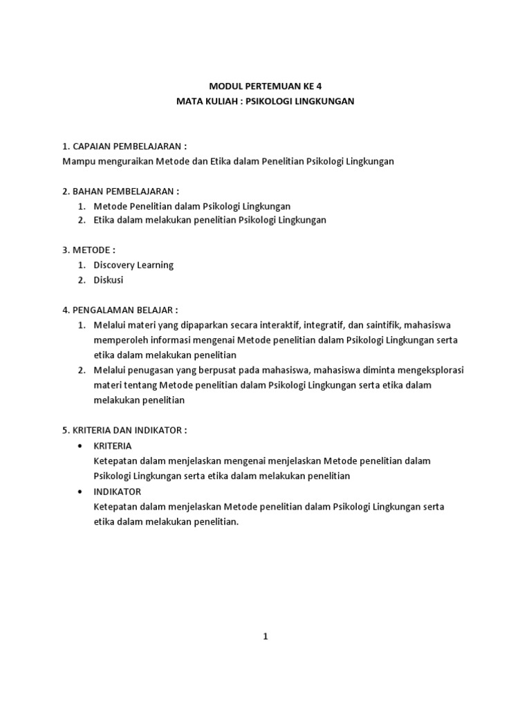 MODUL PERTEMUAN 4. Metode Penelitian Dan Etika Penelitian Psikologi Lingkungan | PDF