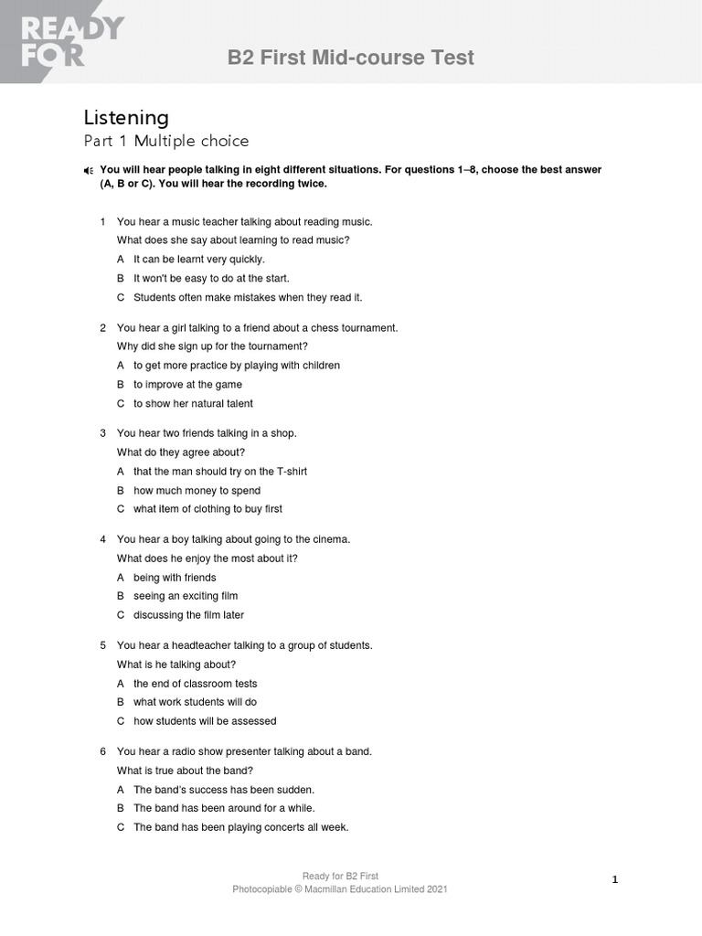 RfB2F TG Mid Course Test Listening | PDF | Cognition