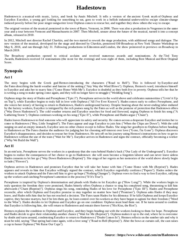 Hadestown - Synopsis | Download Free PDF | Performing Arts | Broadway ...