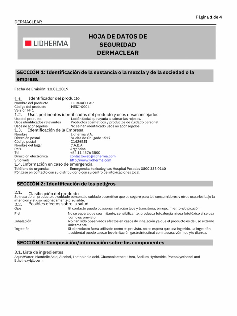 HOJA DE DATOS DE SEGURIDAD - Dermaclean PDF | PDF
