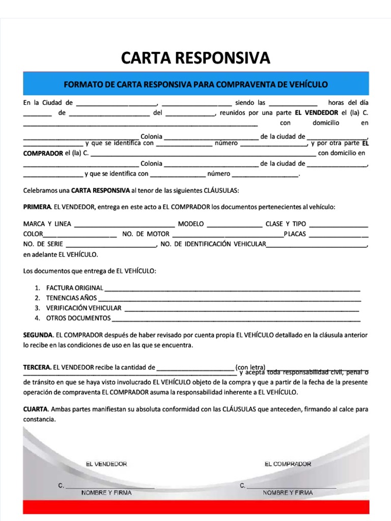 PDF Formato de Carta Responsiva para Compraventa de Vehiculo DL | PDF ...