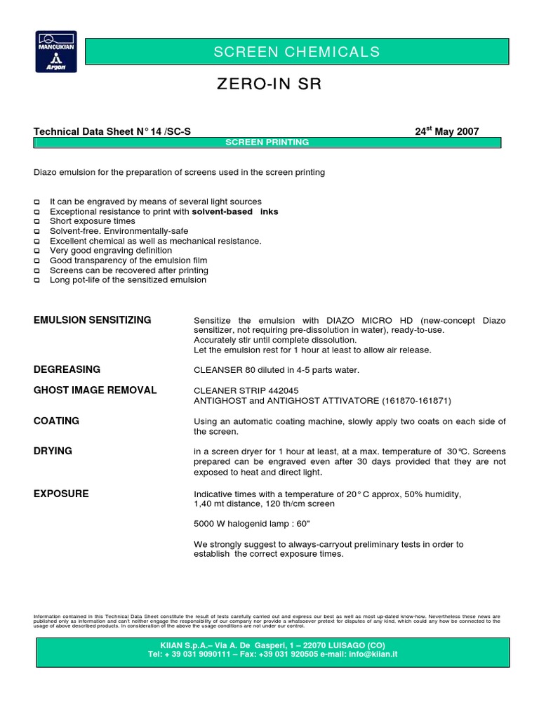 Screen Chemicals TDS for Zero-In SR Diazo Emulsion | PDF | Exposure ...