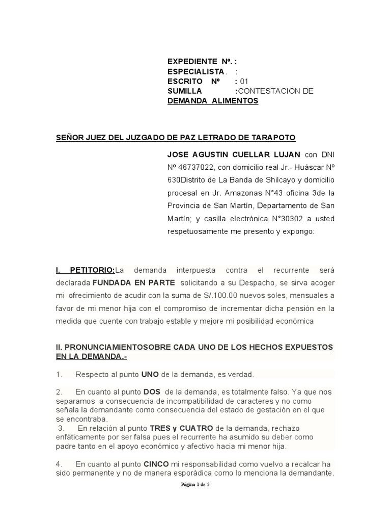 Contestacion de Demanda de Alimentos Original | PDF