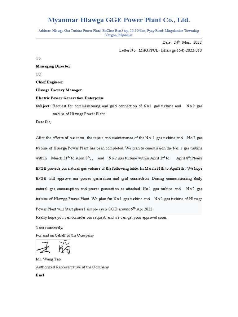 Hlawga Power Plant Commissioning Request | PDF | Power Station | Energy ...