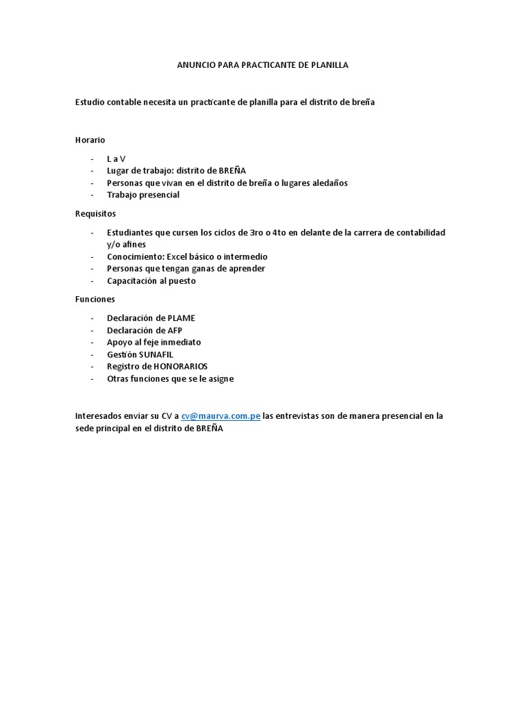 Anuncio para Practicante de Planilla | PDF