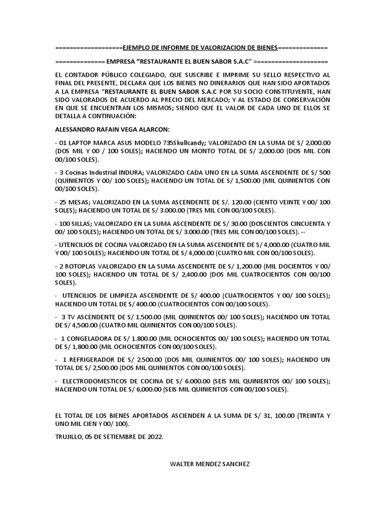 Ejemplo de Informe de Valorizacion de Bienes | PDF