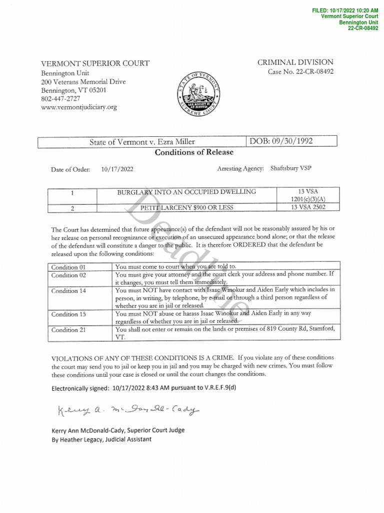 Ezra Miller Conditions of Release Signed | PDF | Judiciaries | Common Law