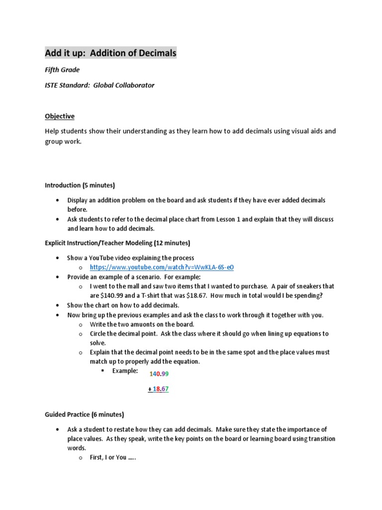Adding Decimals Lesson Plan | PDF | Cognitive Psychology | Education Theory
