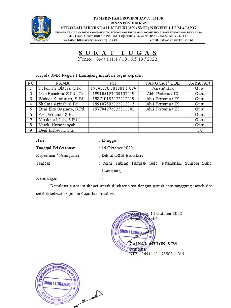 Surat - Tugas - Diklat OSIS | PDF