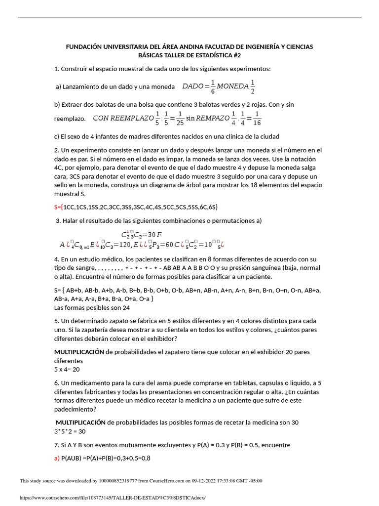 Taller de Estad Stica | PDF | Ruleta | Matemáticas