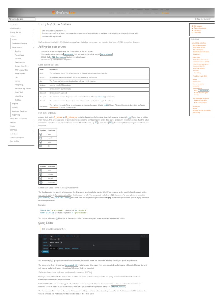 Using MySQL in Grafana - Grafana Documentation | PDF