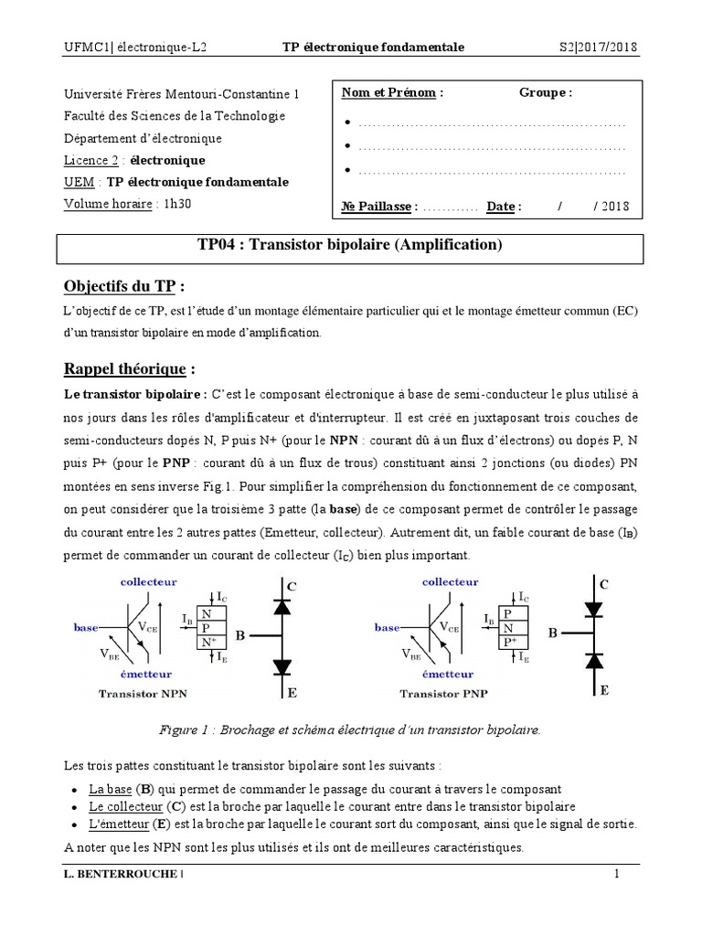 TP Transistor Bipolaire : Amplification EC | PDF | Transistor bipolaire ...