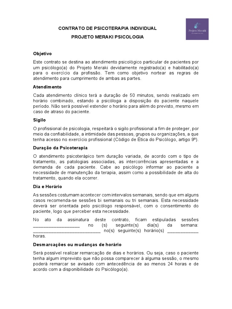 Contrato Psicoterapia Individual - PMP Word | Download grátis PDF | Psicologia | Psicoterapia