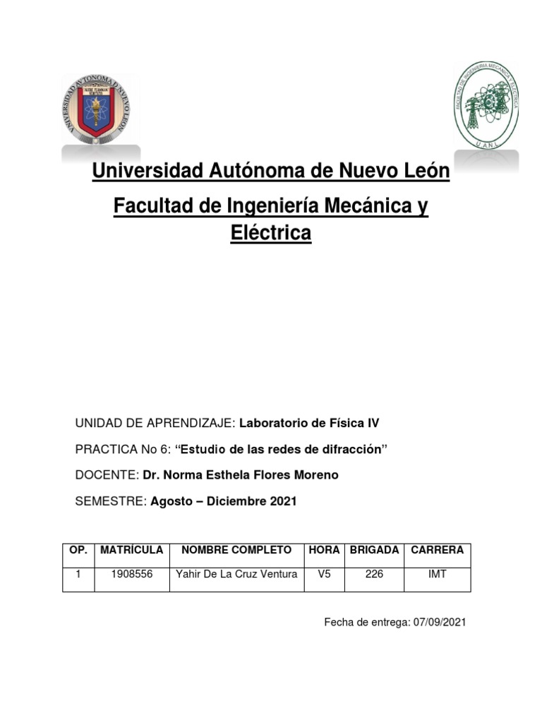 Practica 6 Lab de Fisica IV | PDF | Difracción | Óptica