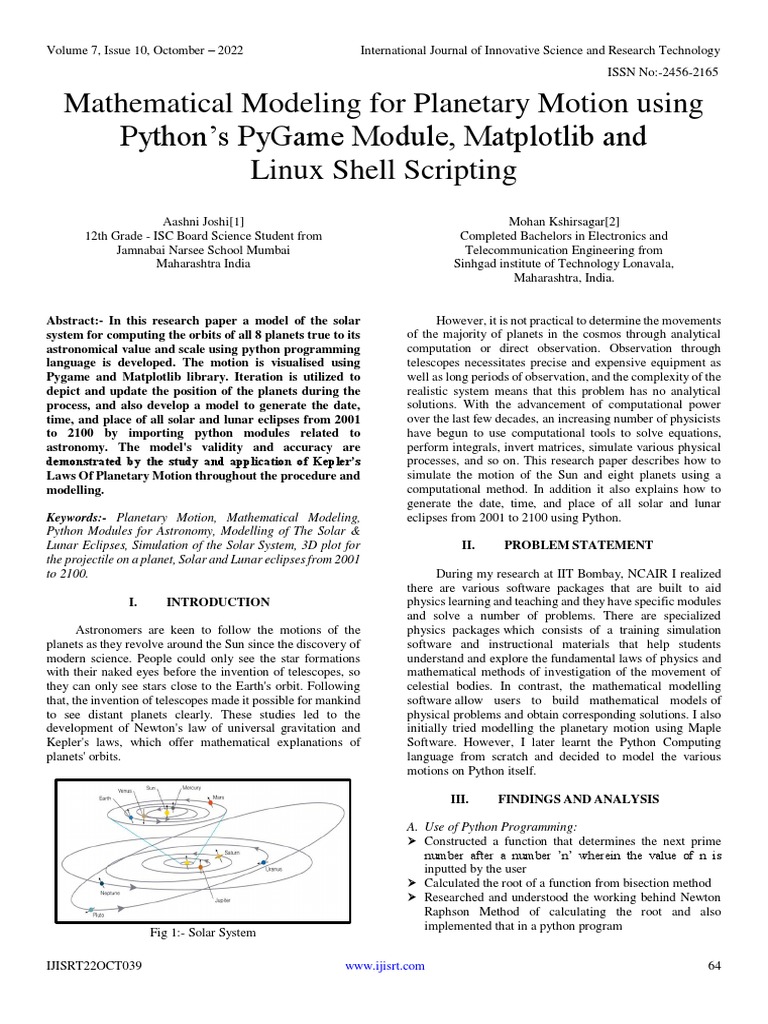 Mathematical Modeling For Planetary Motion Using Pythons Pygame Module Matplotlib And Linux