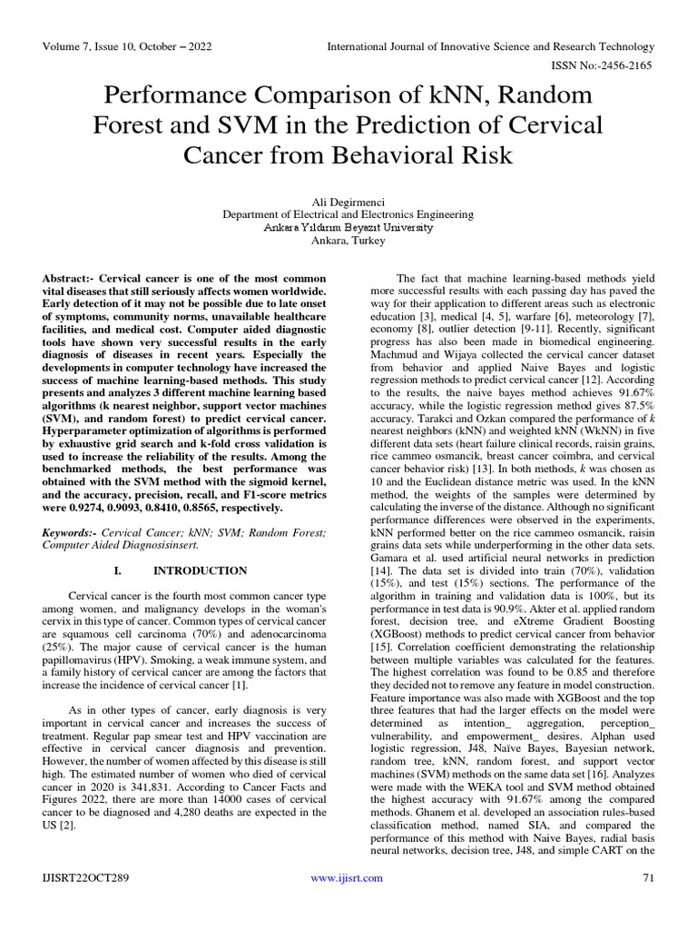 Performance Comparison of KNN, Random Forest and SVM in The Prediction of Cervical Cancer From ...