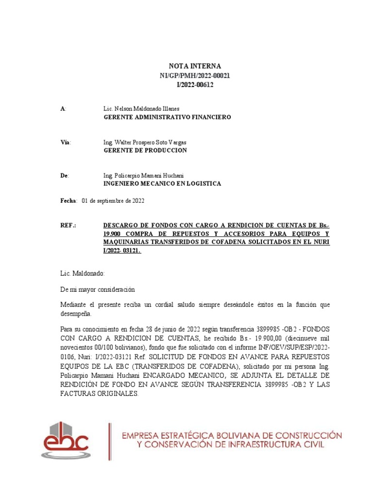 Nota Interna Descargo de Fondos Con Cargo A Rendicion de Cuentas Por BS.17.840 Moxos | PDF