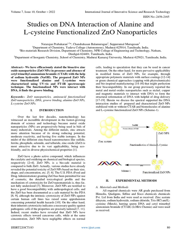 Studies On DNA Interaction of Alanine and L-Cysteine Functionalized ZnO ...