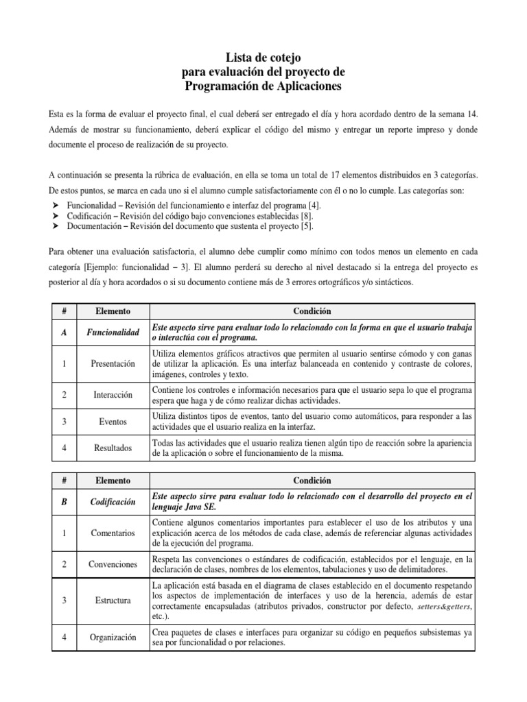 Lista de Cotejo de Proyecto | PDF | Programación | Programa de computadora
