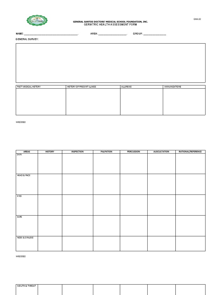 Geriatric Health Assessment Form Geriatric NSG | PDF | Physical ...