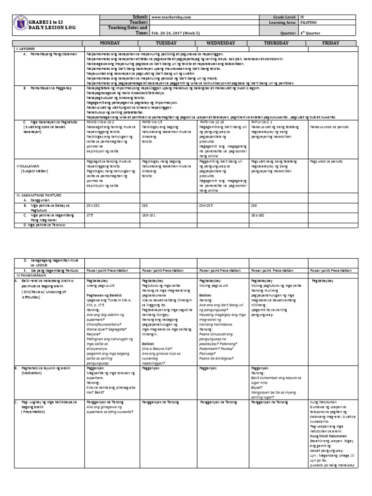 Grade 4 DLL FILIPINO 4 Q4 Week 5 | PDF